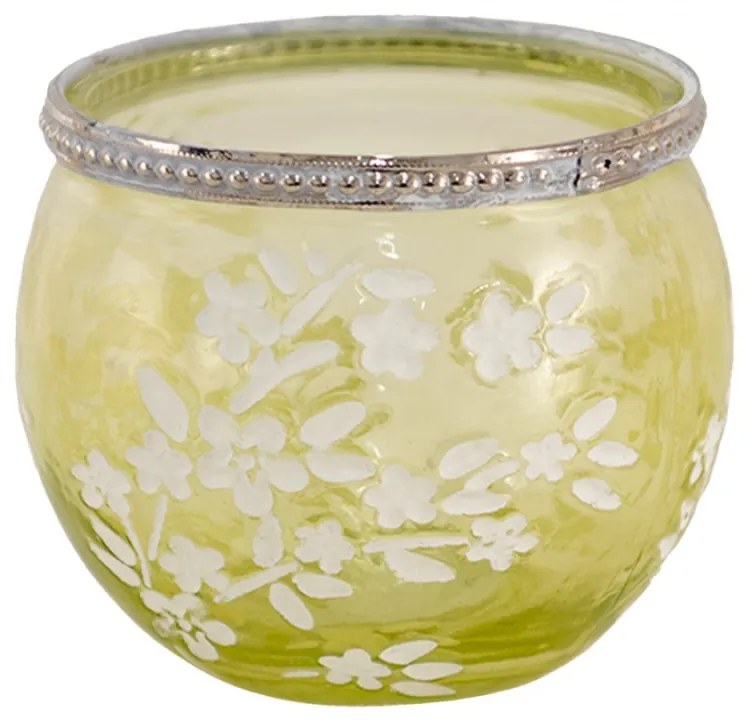 Žlutý skleněný svícen na čajovou svíčku s květy Onfroi – 10x9 cm