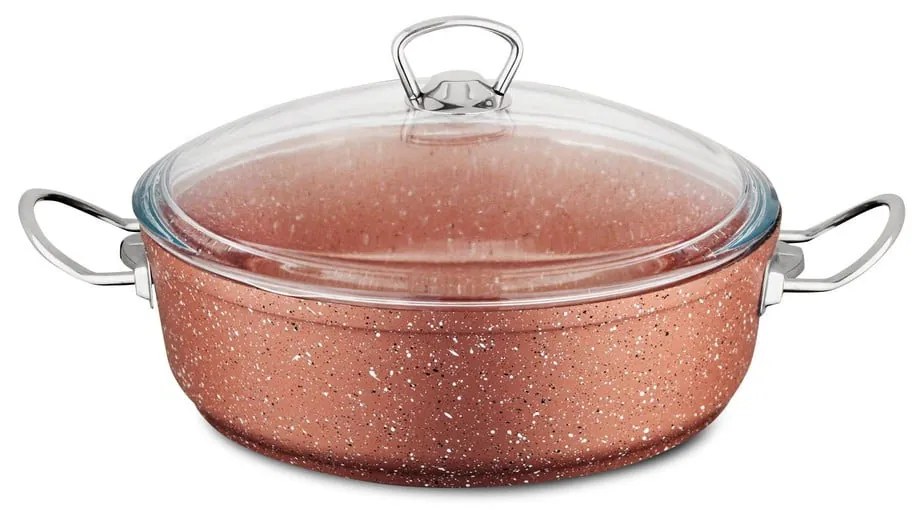 Růžový nízký hliníkový hrnec s poklicí Güral Porselen Classic, ø 26 cm
