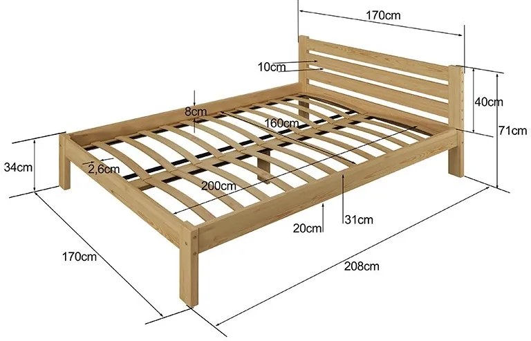 Dřevěná postel Azja 160x200 + rošt ZDARMA - borovice
