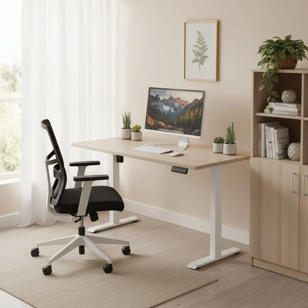 Výškově nastavitelný stůl OfficeTech B, 120 x 80 cm, bílá podnož, dub