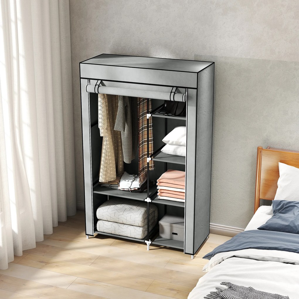 HOMCOM Šatní skříň Látková šatní skříň, 6 přihrádek, šedá, 103x43x162.5cm, Skládací šatní skříň ve fleecovém vzhledu