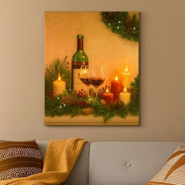 Nástěnná malba svíčky s vínem, 5 LED, 30 x 40 cm