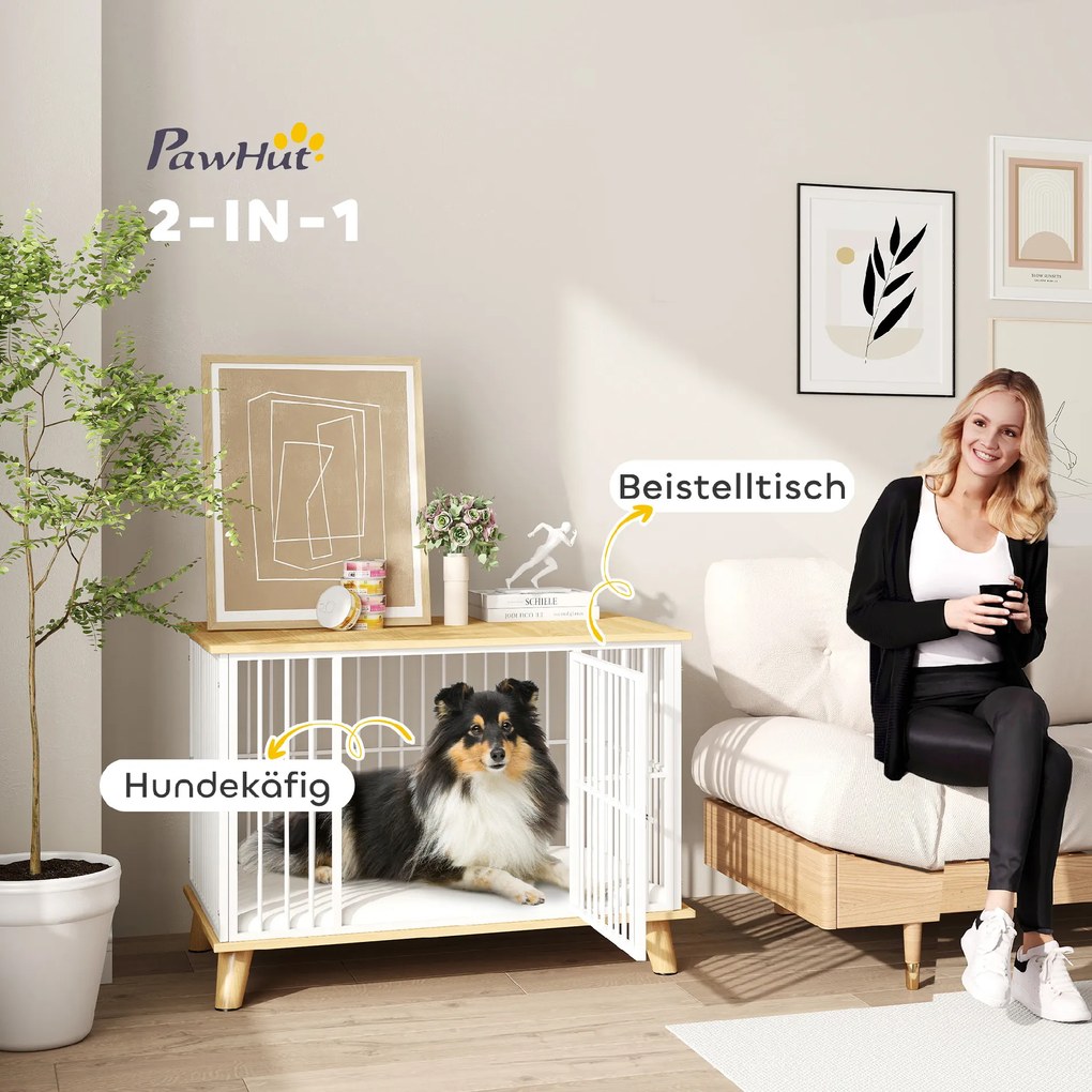 PawHut klec pro psa, uzamykatelná bouda pro psa s polštářem, box pro psa s dvířky, bouda pro středně velké psy do 15 kg, dub, 86 x 60 x 70 cm | Aosom