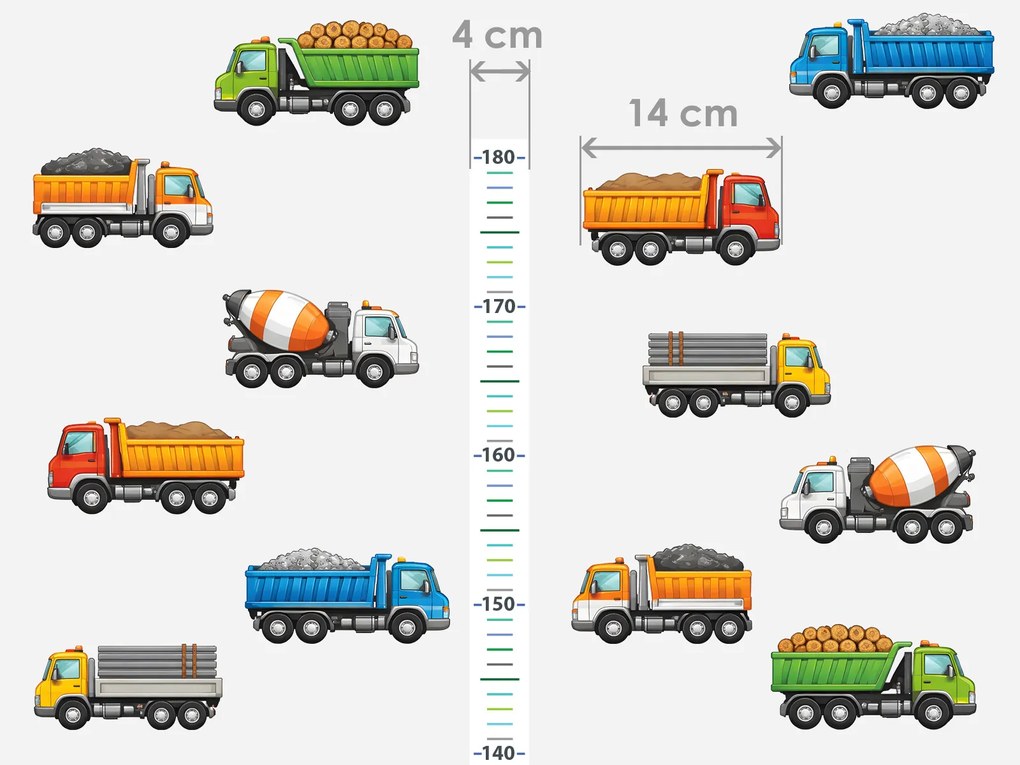 Dětský metr s náklaďáky textilní přelepitelné samolepky na zeď výška 160 cm