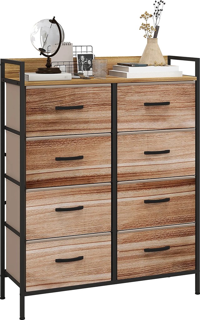 HOMCOM Skříň s úložným prostorem, komoda s 8 odejmoutelnými textilními zásuvkami, horní policí a ocelovým rámem 79L x 29W x 101H cm Přírodní a Černá