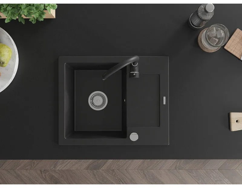 Mexen Enzo, 1-komorový granitový dřez s odkapávačem 58x47 cm a kuchyňskou baterií Telma, černá, 6506-77-670200-70