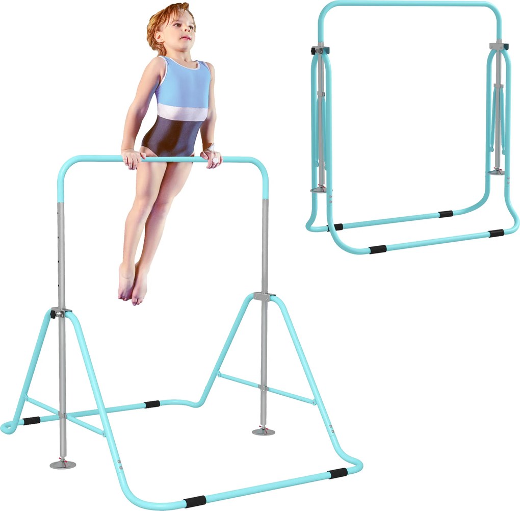 HOMCOM Skládací gymnastická hrazda pro děti - Výškově nastavitelná od 88 do 128 cm - s trojúhelníkovou ocelovou základnou - Zelená