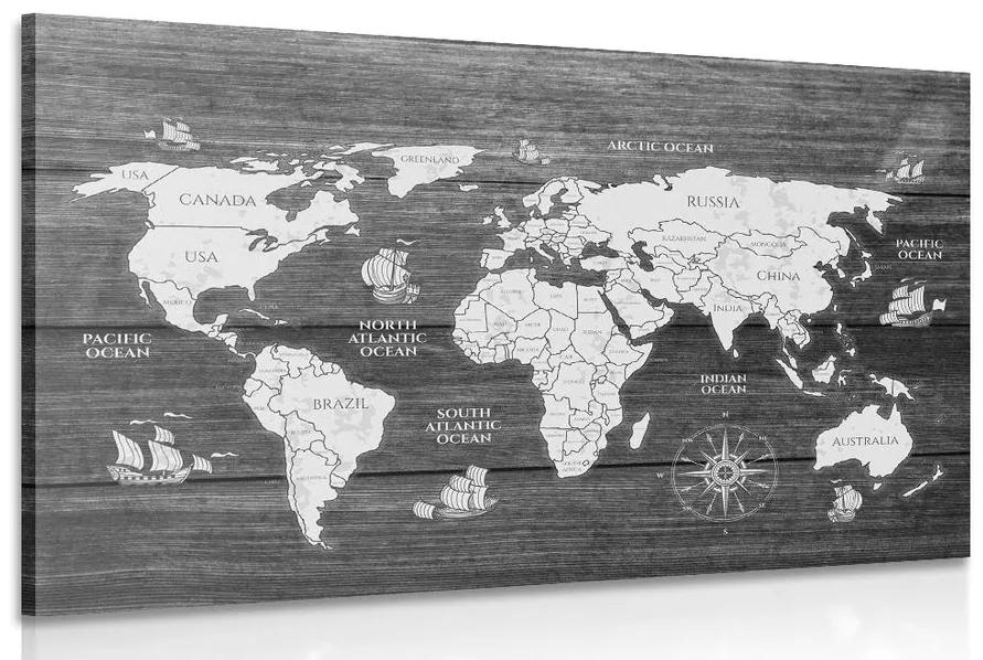 Obraz černobílá mapa na dřevě - 90x60