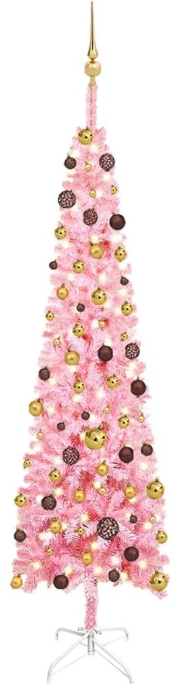 3078027 vidaXL Úzký vánoční stromek s LED diodami a sadou koulí růžový 210 cm