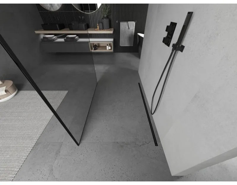 Mexen Kioto, průchozí sprchová zástěna 110 x 200 cm, 8mm sklo čiré/černý vzor, 2x černá stabilizační rozpěra, 800-110-002-70-70