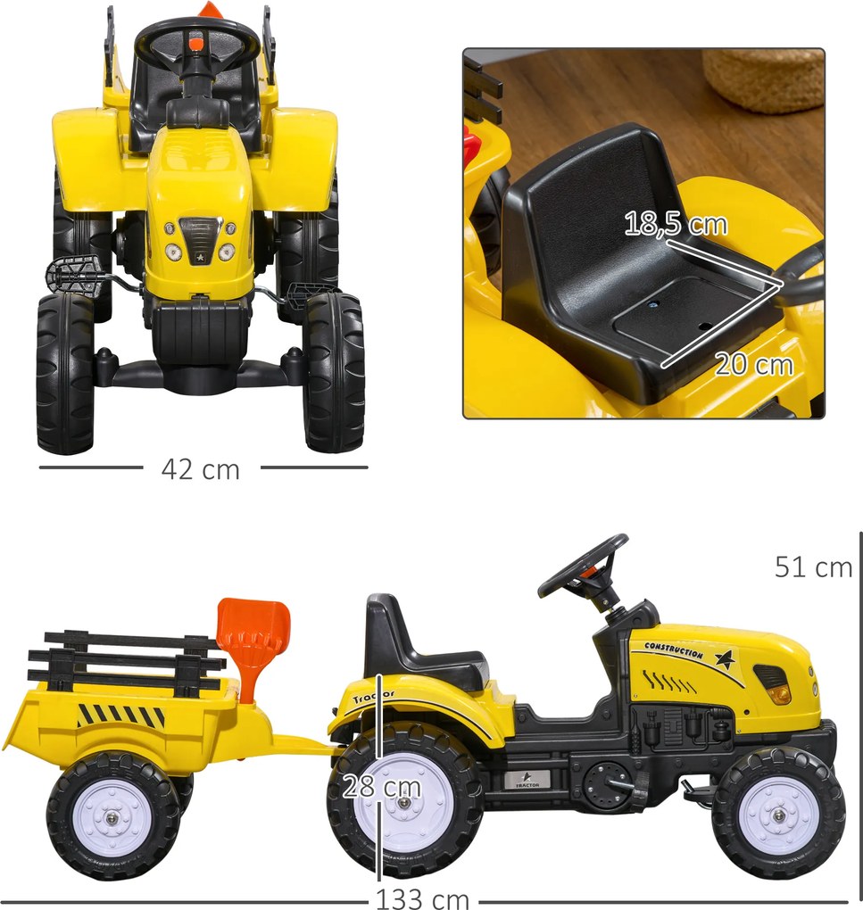 HOMCOM Pedálový Traktor s Přívěsem - Pedálové Auto pro Děti od 3 Let do Zahrady, Železný Žlutý 133 x 42 x 51 cm