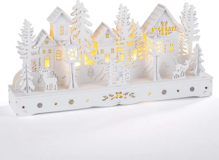 Dřevěná LED dekorace VESNICE bílá délka 30 cm