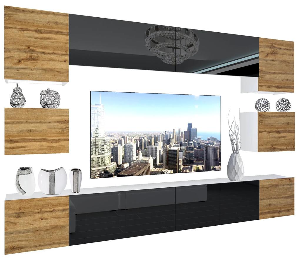 Obývací stěna Belini Premium Full Version černý lesk / dub wotan + LED osvětlení Nexum 54