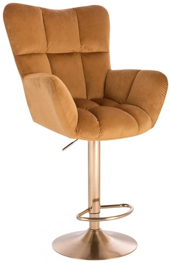 LuxuryForm DESIGN Barové křeslo AURORA VELUR na zlaté kulaté podstavě – medové