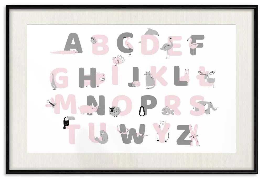 Plakát Polská abeceda pro děti - šedá a růžová písmena se zvířaty
