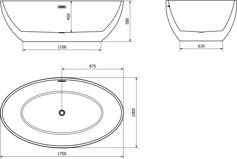 Mexen Nike, volně stojící vana 175 x 100 cm, bílá, chromový přepad, 54071751000-01