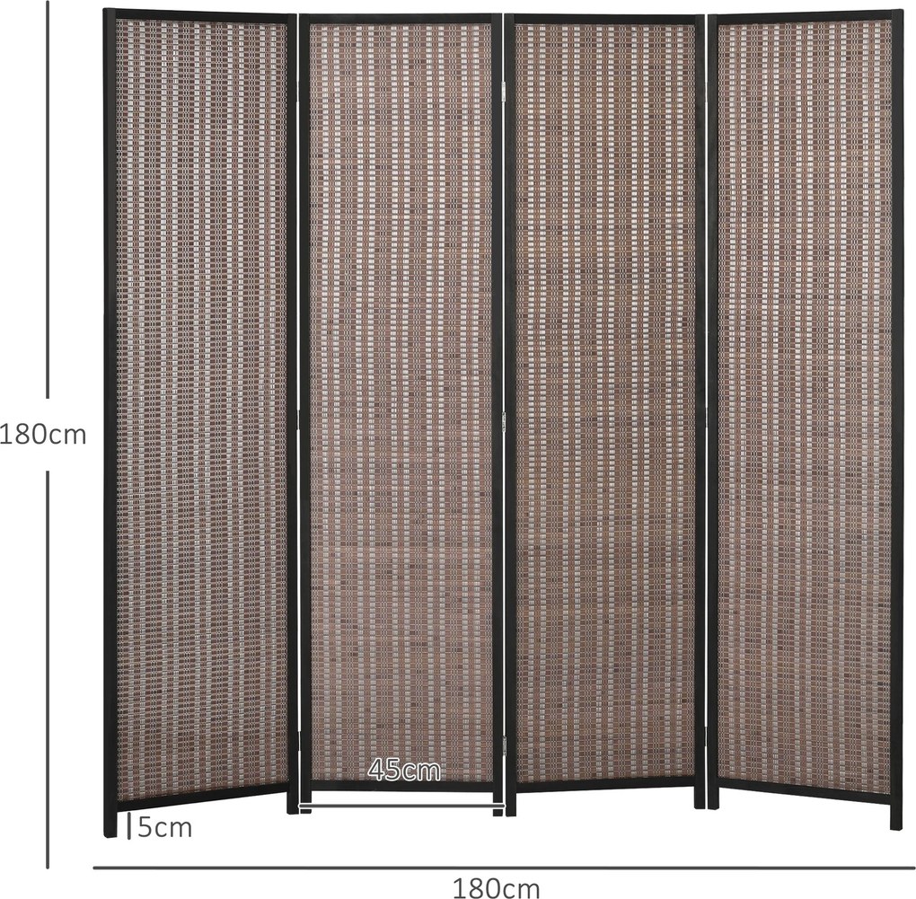 HOMCOM Dřevěný 4-panelový Předěl do Interiéru 180 x 180 cm Skládací Izolační Příčka pro Obývací Pokoj a Ložnici, Hnědá | Aosom
