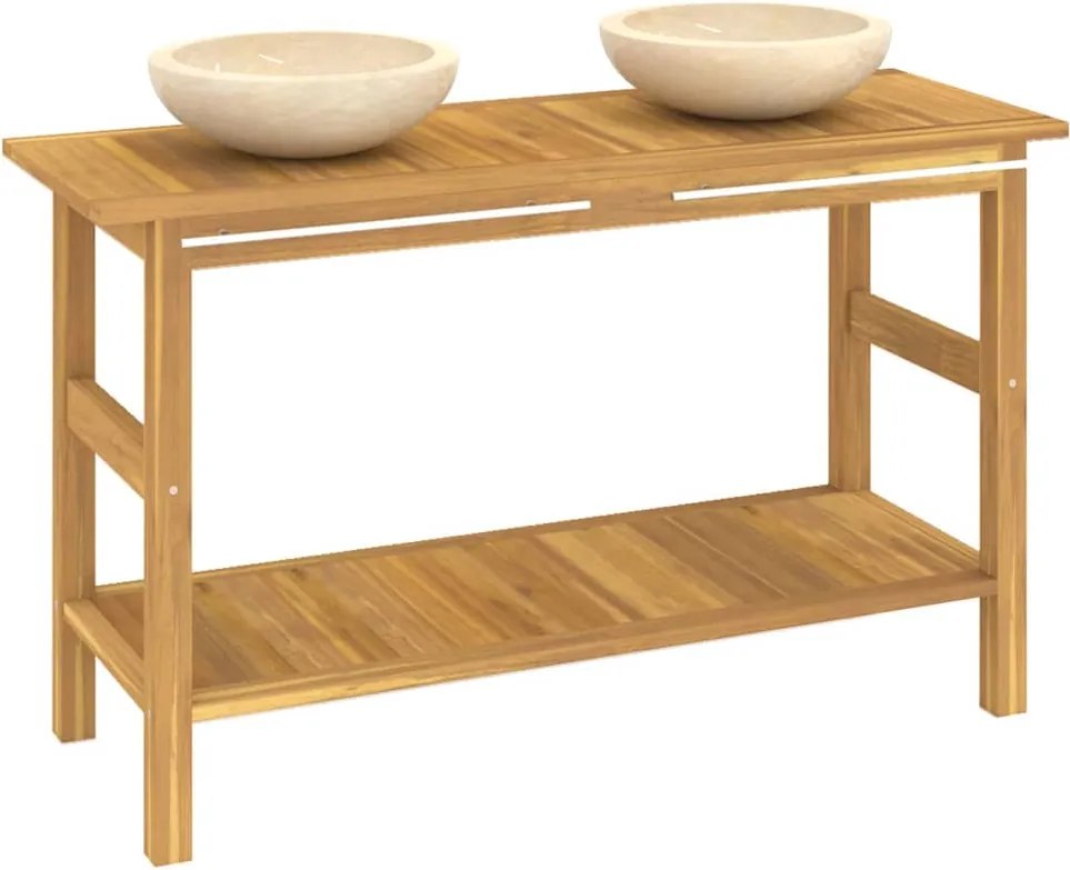 Koupelnová skříňka s umyvadly z krémového mramoru masivní teak 3096580
