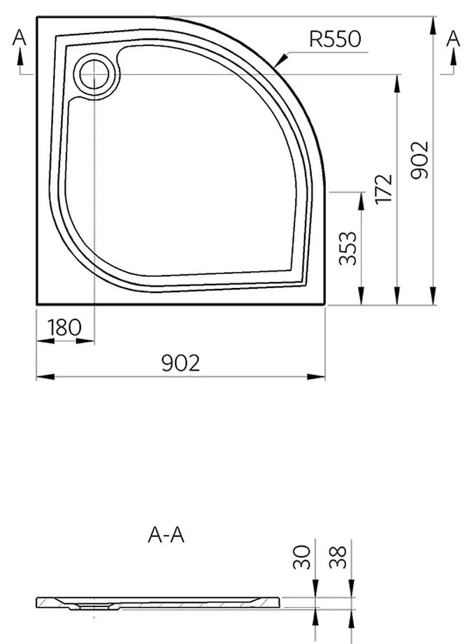 Vima 118 - Vanička čtvrtkruh s protiskluzem, litý mramor 90x90cm