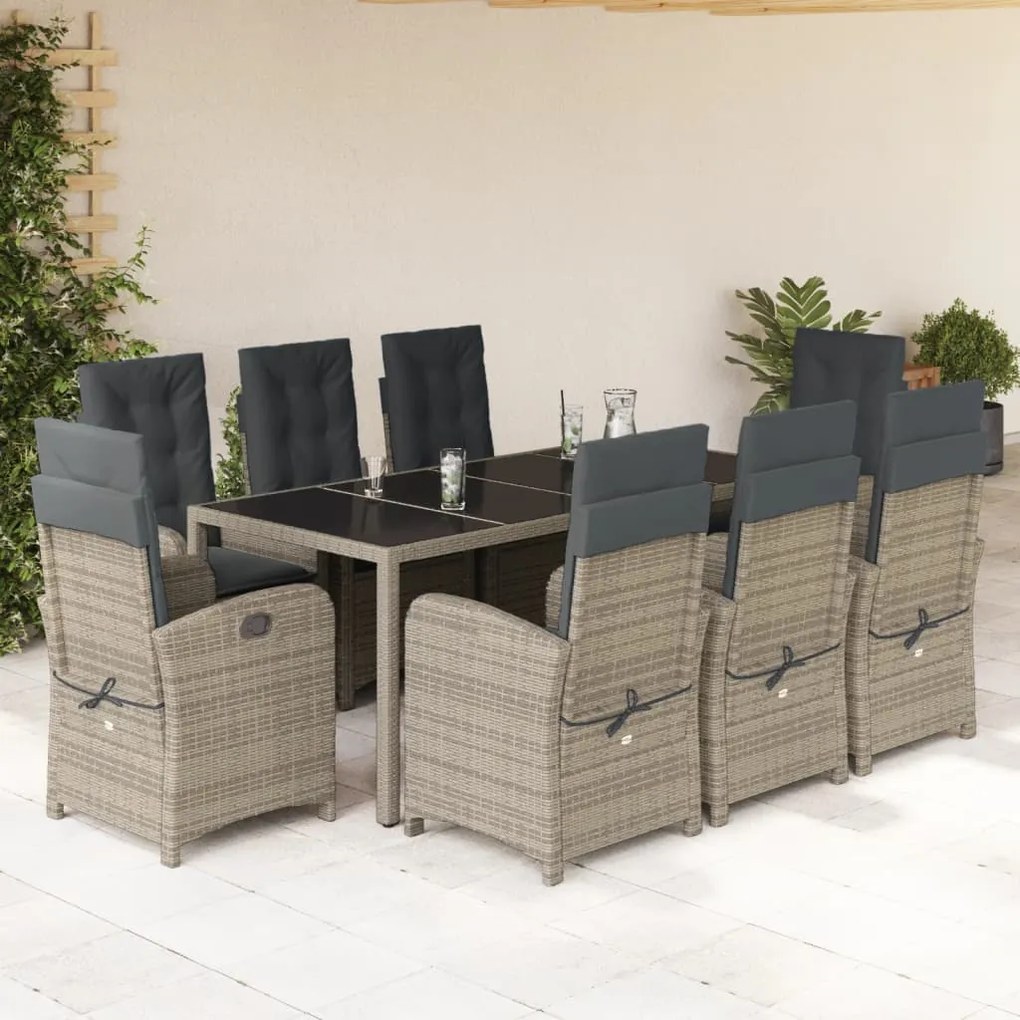 9dílný zahradní jídelní set s poduškami šedý polyratan 3212219