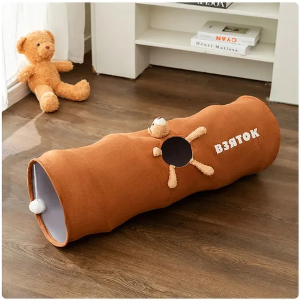Hrací tunel pro kočky se zavěšenou hračkou - semišový Barva: Hnedá, Velikost: 120 cm