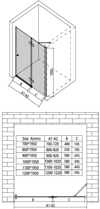 Erga Bern, 1-křídlé dělené sprchové dveře do otvoru 120x195 cm, 6mm čiré sklo, černý profil, ERG-V02-BERN-D120-BK