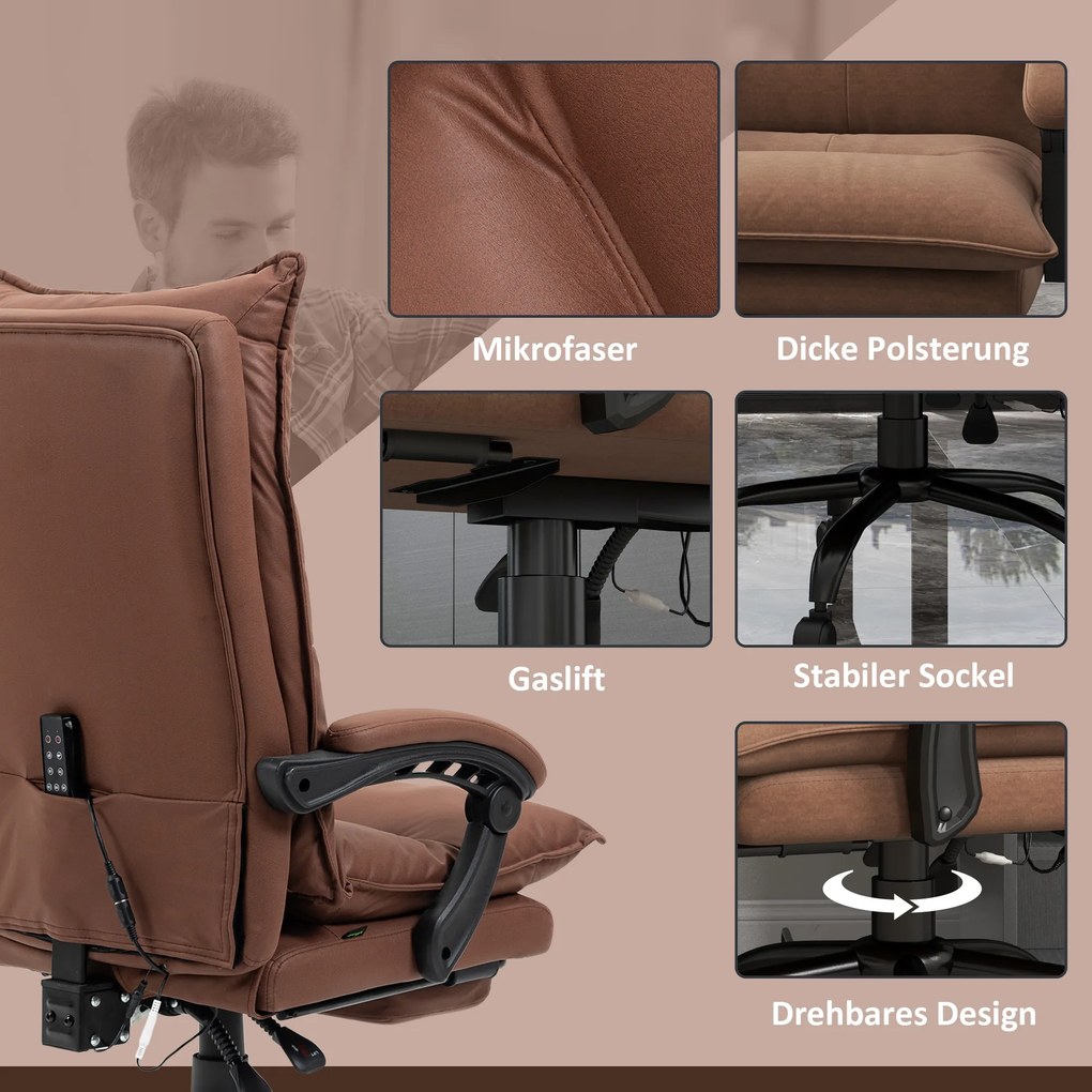 Kancelářská židle Vinsetto s masážní funkcí, naklápěcí v úhlu 155°, otočná židle s područkami, ergonomická kancelářská židle, hnědá