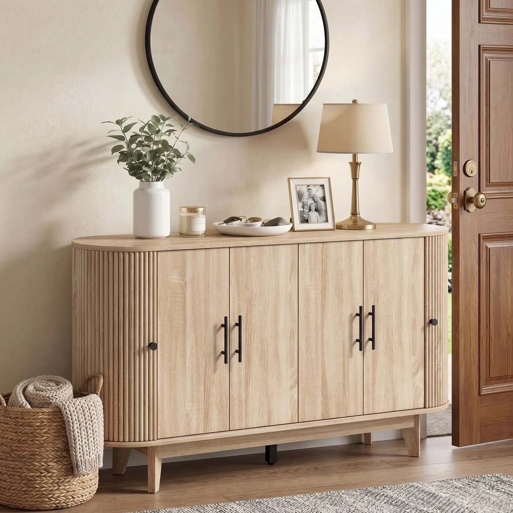 HOMCOM komoda do obývacího pokoje, oválný úložný nábytek se 4 dveřmi a 2 nastavitelnými policemi, 147x40x76 cm, dub