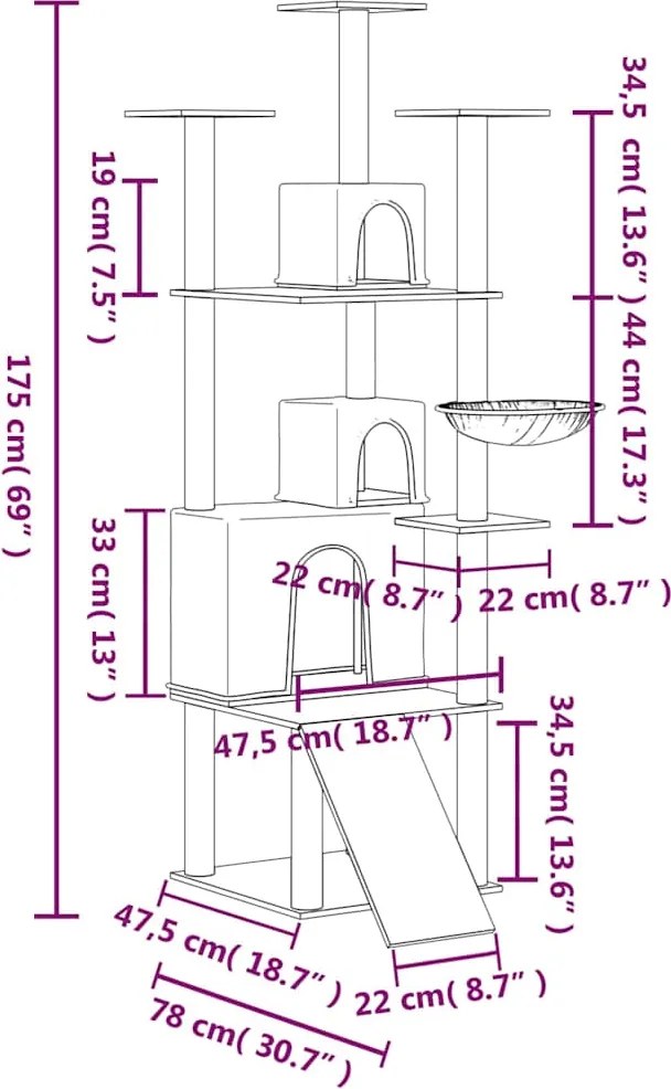 Škrabadlo pro kočky se sisalovými sloupky světle šedé 175 cm 171685