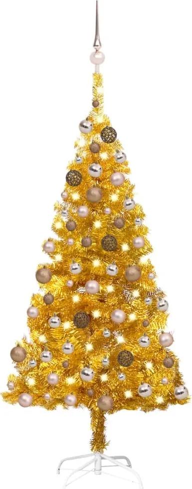 vidaXL Umělý vánoční stromek s LED a sadou koulí 120 cm PVC [3077497] Barva: Zlatá a šedá