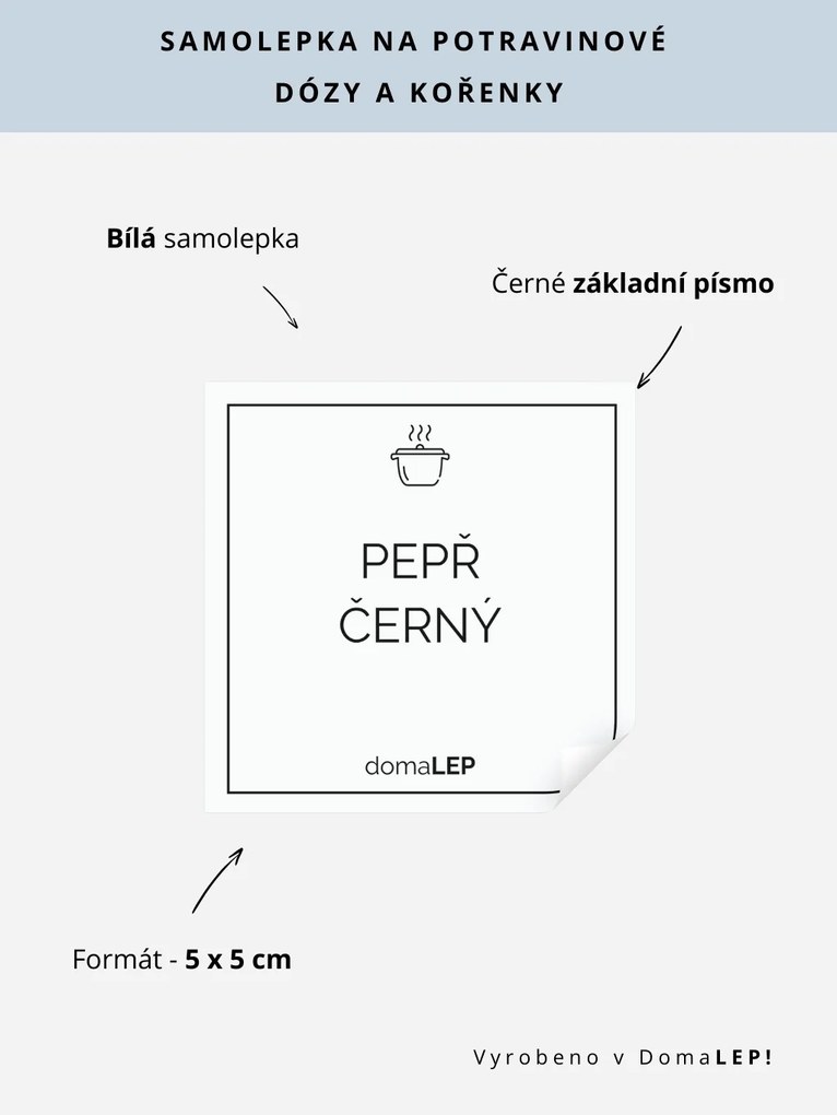 Samolepka na kořenky PEPŘ ČERNÝ bílá 5 × 5 cm základní písmo