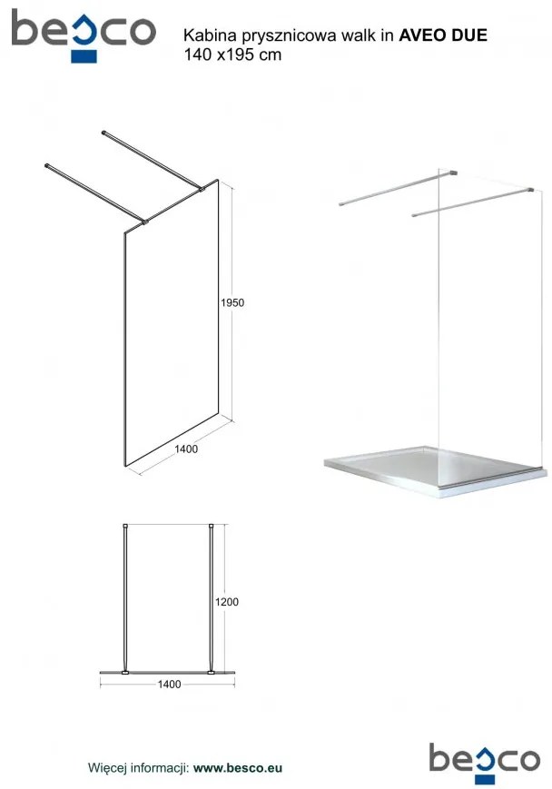 BESCO Walk-in sprchový kout AVEO DUE Pevná stěna - Bez pevné stěny, Rozměr A - 140 cm BCAVEODUE140