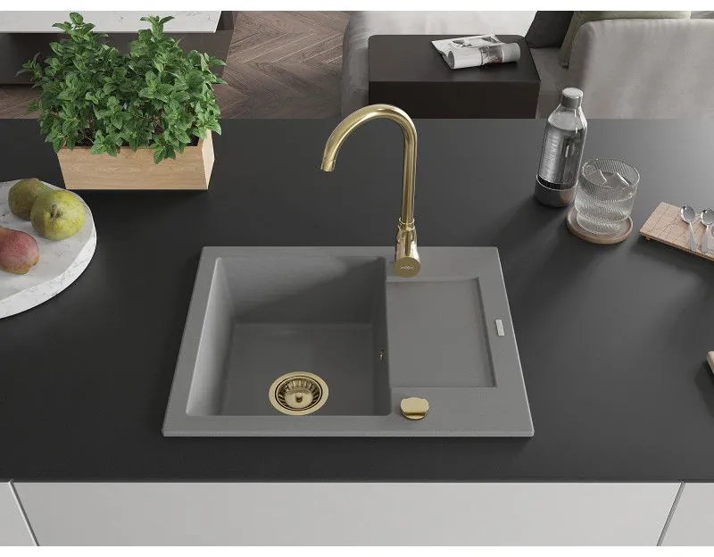 Mexen Enzo, granitový dřez 576x465x174 mm, 1-komorový, šedá se zlatým sifonem, 6506571005-71-G