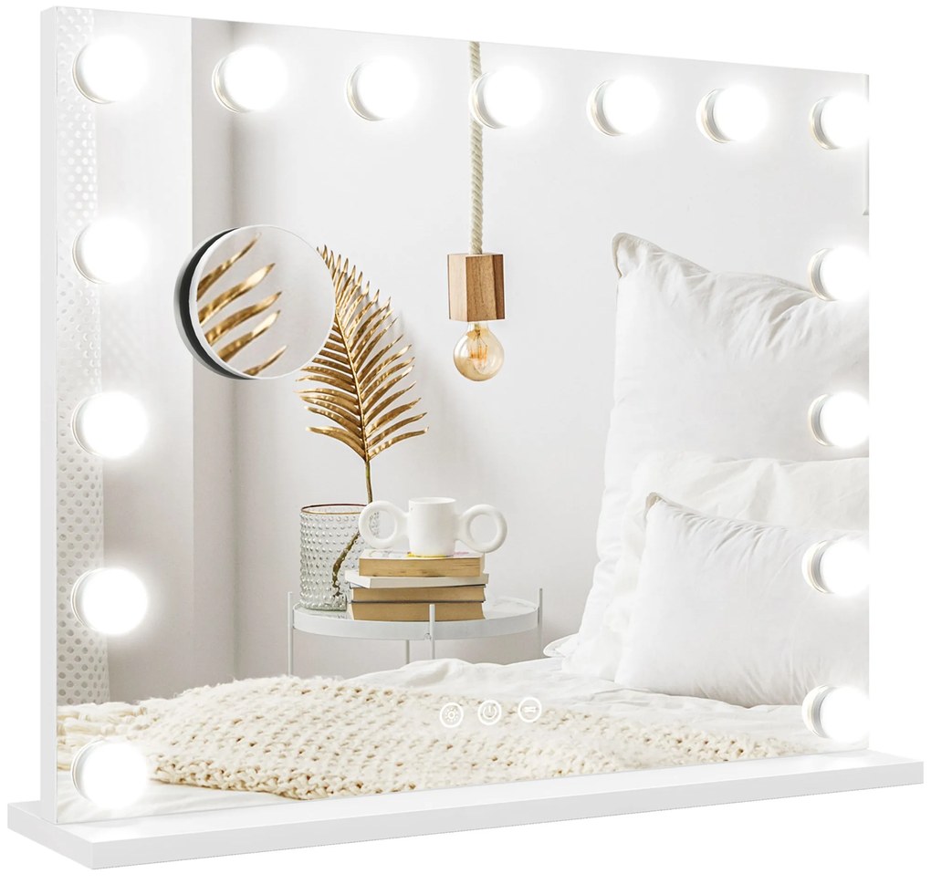 HOMCOM Hollywoodské zrcadlo s osvětlením 58x48cm 15 LED 3 světelné režimy 10x zvětšení přenosný dotykový spínač USB nabíjecí port bílý |