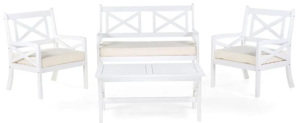 Bílá zahradní souprava stolu, židlí a lavice s béžovými poduškami - BALTIC