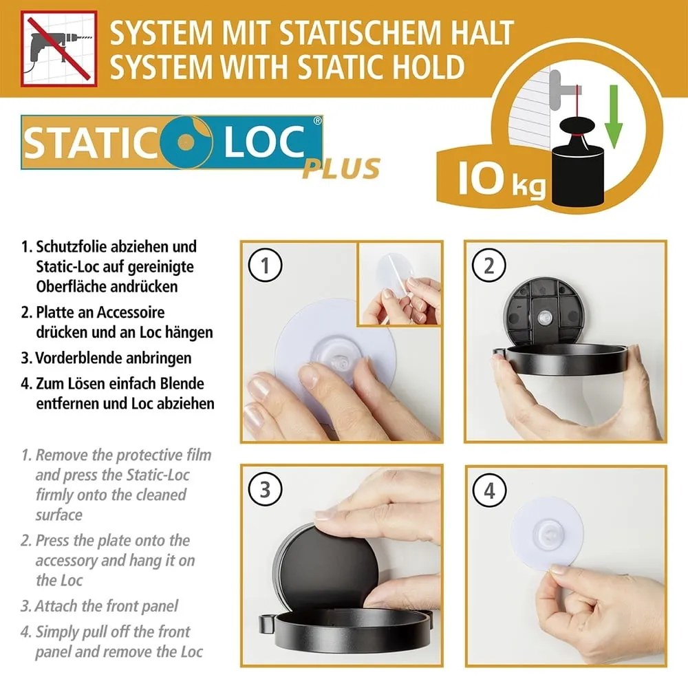 Černý nástěnný držák na ručník Wenko Static-Loc® Plus