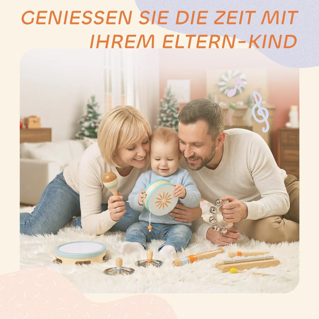 AIYAPLAY dětská sada hudebních nástrojů, 10-dílná Montessori sada nástrojů s tamburínou, chrastítky, bubnem, činely, flétnou