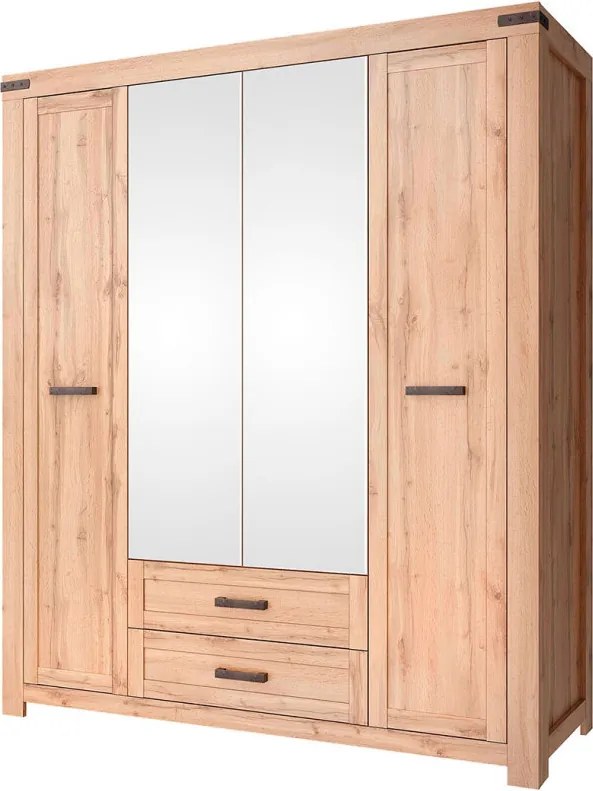 Skříň čtyřdveřová se zrcadlem a zásuvkami Mortiz 177x210x59.8 cm Dub wotan
