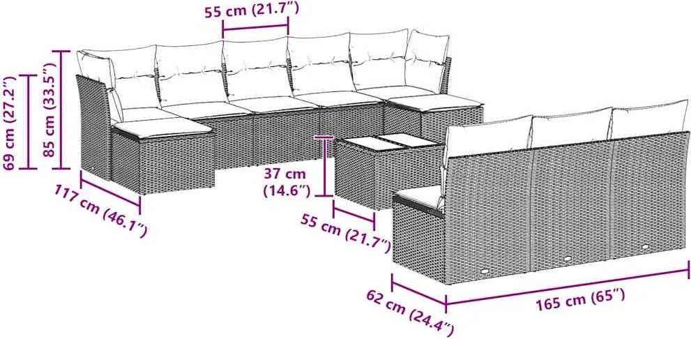 11dílná zahradní sedací souprava s poduškami šedá polyratan 3250141