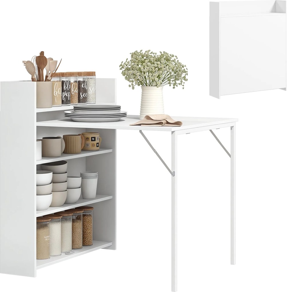 HOMCOM Skládací Jídelní Stůl pro 3 Osoby s 4 Policemi, Moderní Skládací Jídelní Stůl pro Malé Prostory, Kuchyň, 80 x 90 x 93 cm, Bílý | Aosom