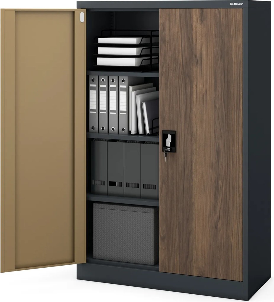 Nízká kovová kancelářská skříň se 3 policemi, antracit/ořech, 900x1400x400 mm: KEVIN Eco Design