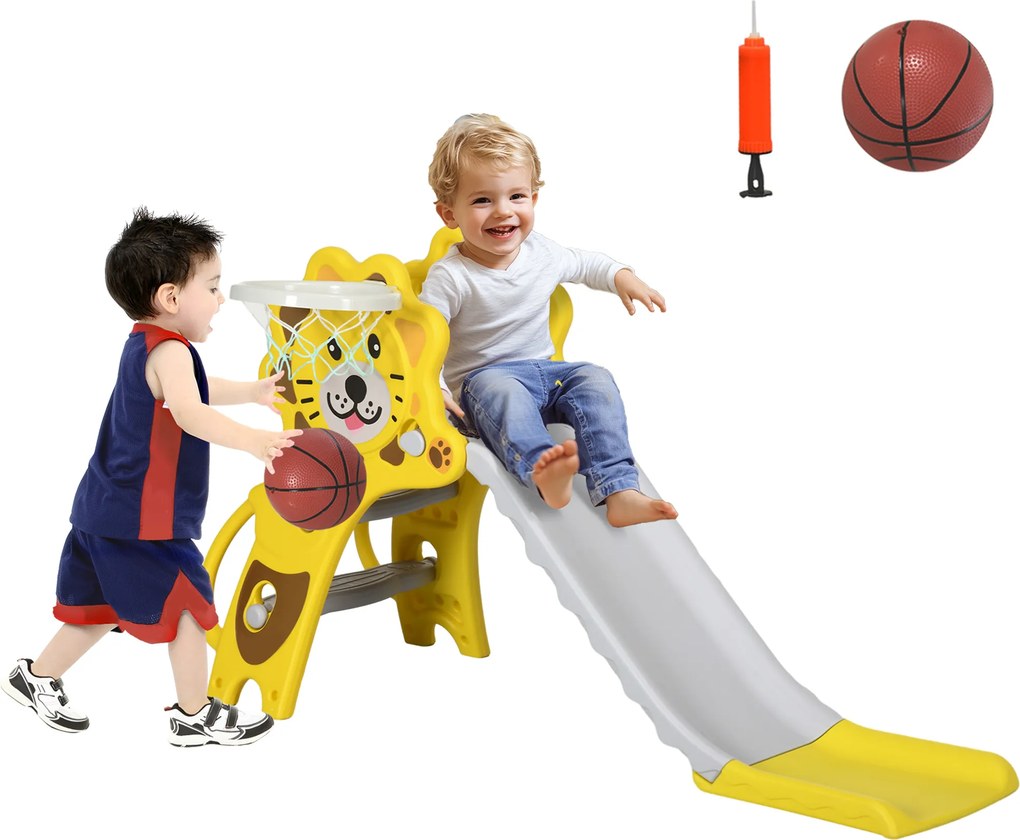 AIYAPLAY Dětská skluzavka 3 v 1 pro děti ve věku 18 až 36 měsíců se 2 schody, 1 košem na basketbal a zvířecím motivem pro vnitřní použití 131x50x74 c…