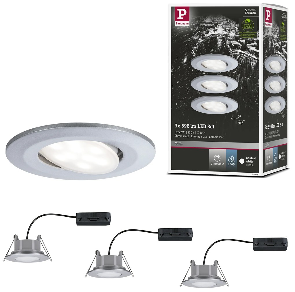 Paulmann 99933 Calla, set kulatých výklopných bodovek v úpravě kartáčovaný hliník, 3x5,2W LED 4000K, stmívatelné, prům.9cm, IP65
