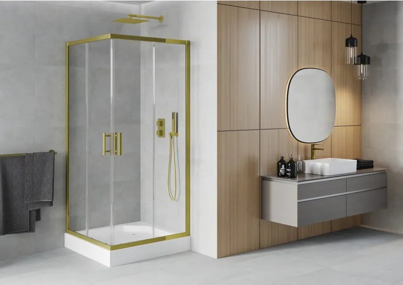 Mexen Rio, čtvercový sprchový kout s posuvnými dveřmi 90 (dveře) x 90 (dveře) x 190 cm, 5mm čiré sklo, zlatý profil + bílá sprchová vanička RIO, 860-090-090-50-00-4510