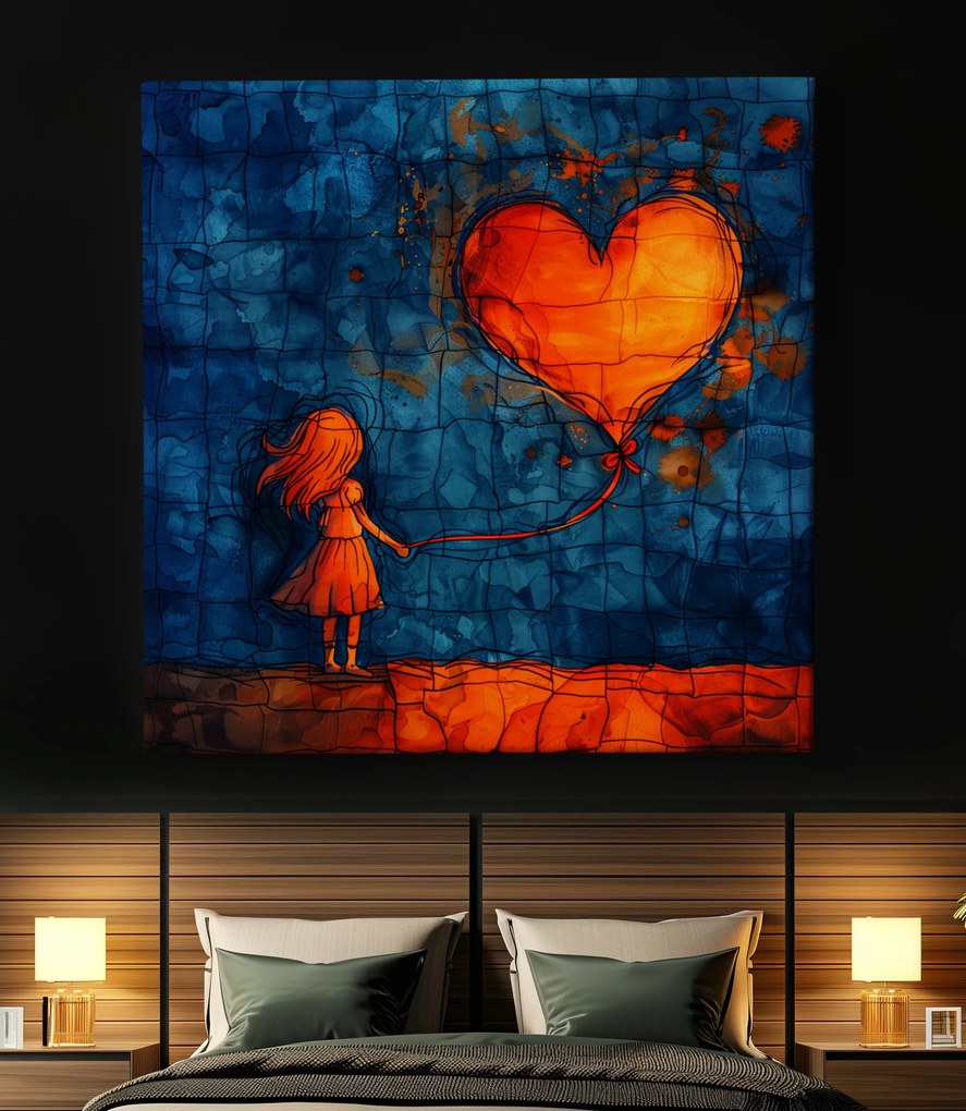 Obraz na plátně - Dívka a zářivé srdce balónek FeelHappy.cz Velikost obrazu: 120 x 120 cm