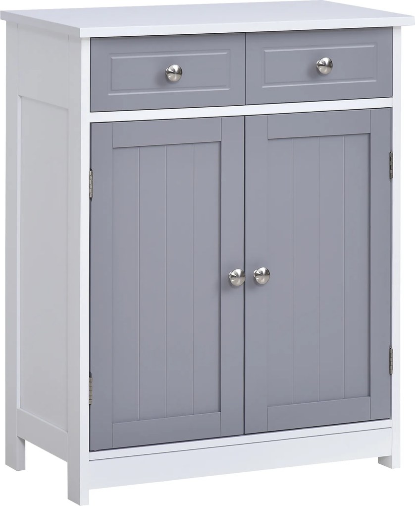Kleankin Úložný Kabinet, Koupelnový Kabinet, Skříň s 2 Dveřmi a 2 Zásuvkami - 60 x 30 x 75 cm - Šedá a Bílá