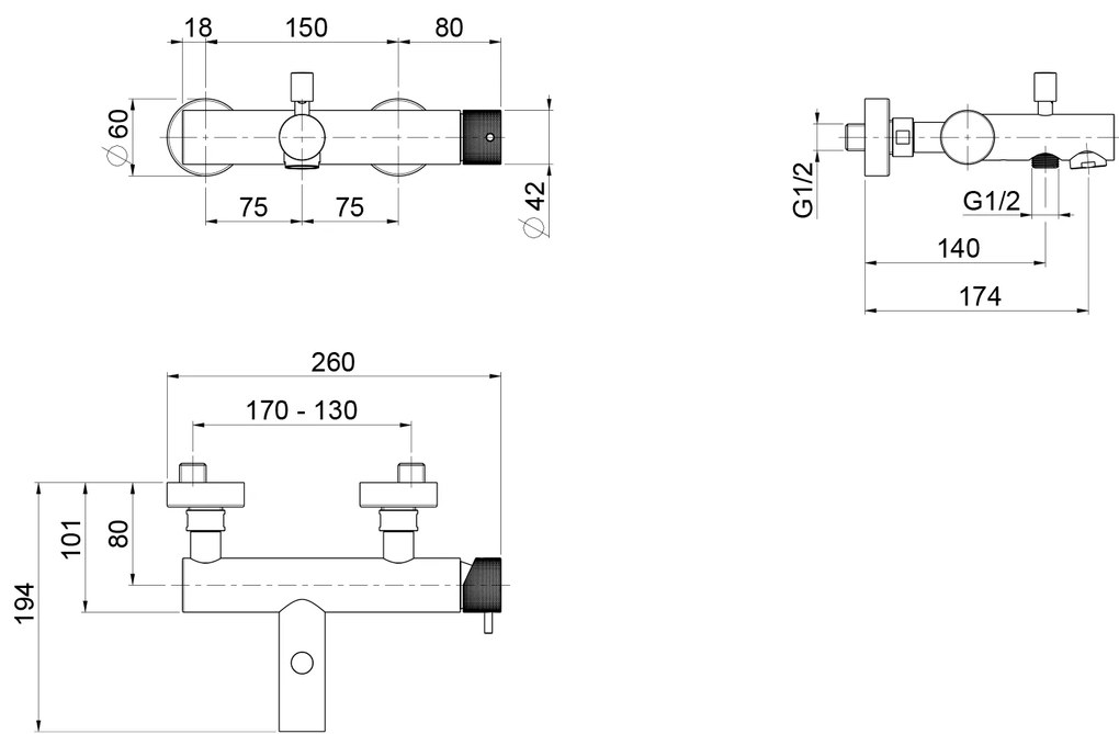 Sapho Ultrasan vanová baterie nástěnná 150 mm černá matná chrom UT010VBC