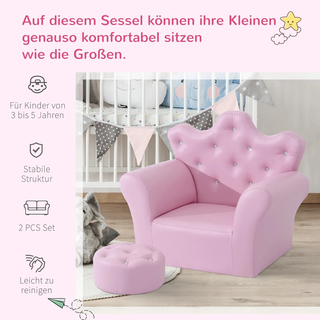 HOMCOM dívčí křeslo měkká pohovka s křišťálovými knoflíky taburet růžový útulný pro děti od 3 let 58x40,5x49cm