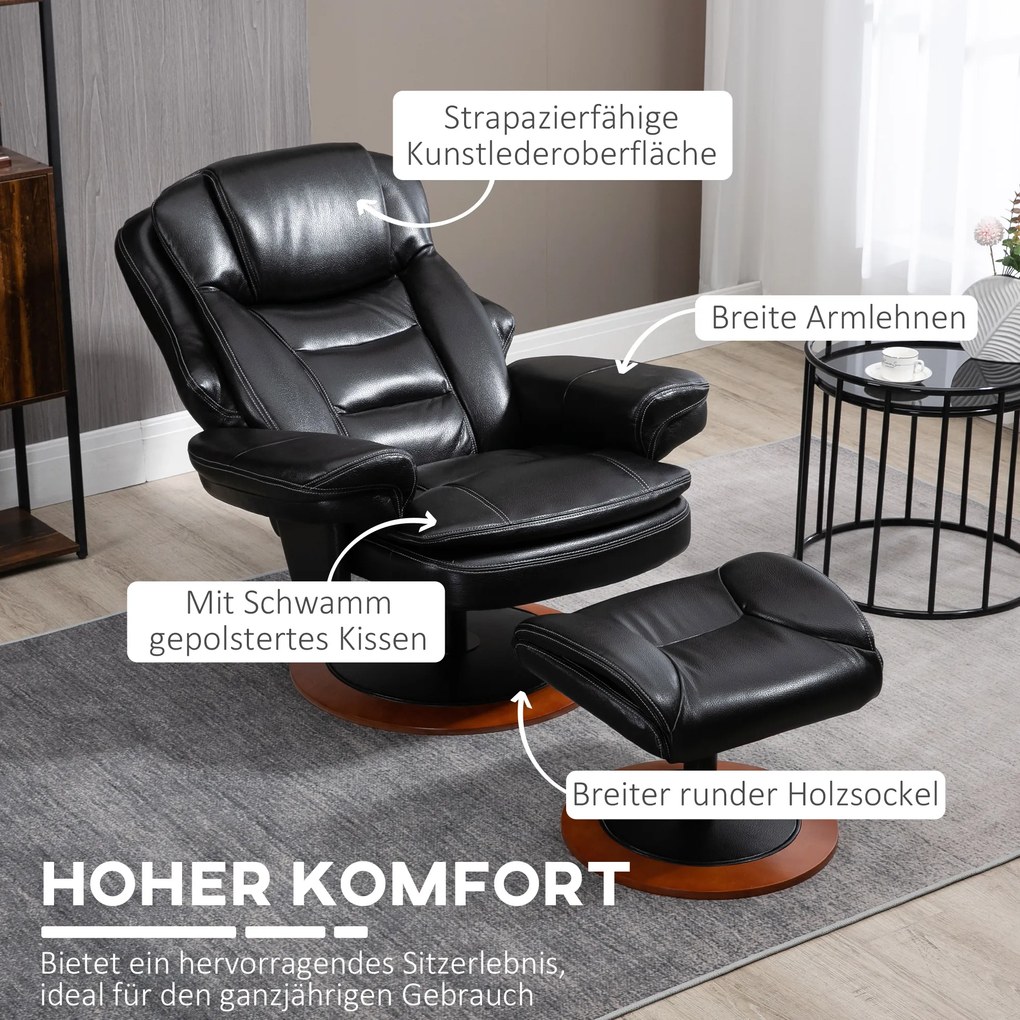 Polohovací křeslo HOMCOM s otomanem a funkcí polohování, otočné TV křeslo do 150 kg, umělá kůže v černé barvě pro pohodlnou relaxaci | Aosom.de
