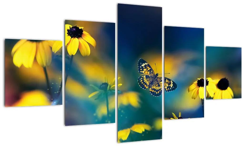 Obraz - Žlutý motýl s květy (125x70 cm)